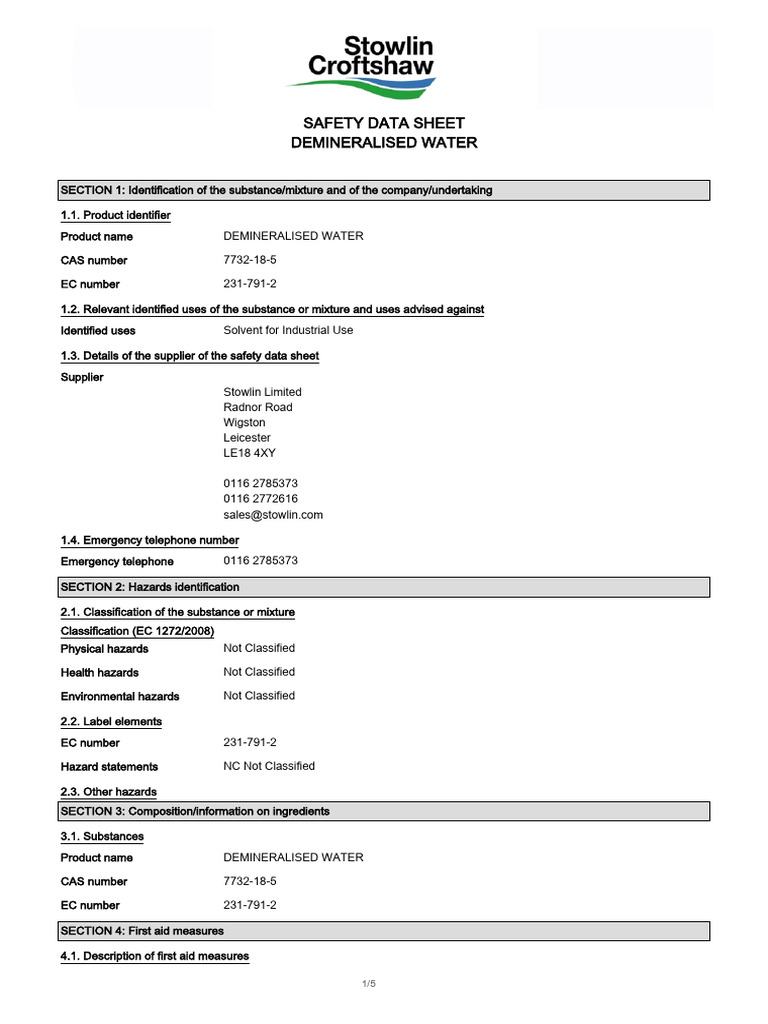 MSDS - Demineralised Water | PDF | Hazards | Occupational Safety And Health