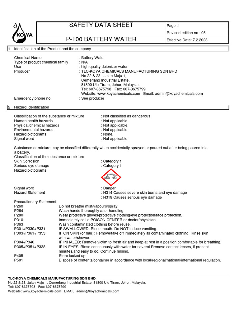 MSDS Battery Water Sds-English | PDF | Personal Protective Equipment ...