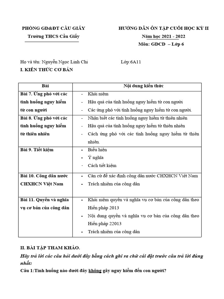 HƯỚNG DẪN TẬP CUỐI HỌC KÌ II CD6- Chung | PDF