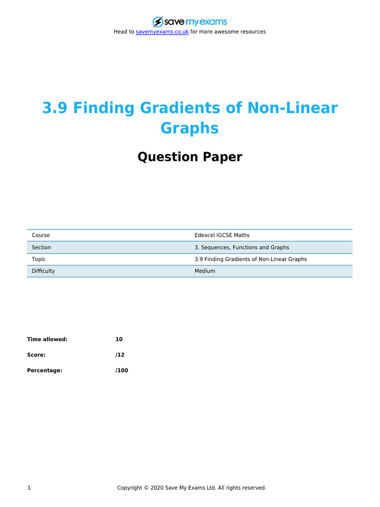 3.9 Finding Gradients of Non-Linear Graphs Homework | Download Free PDF ...