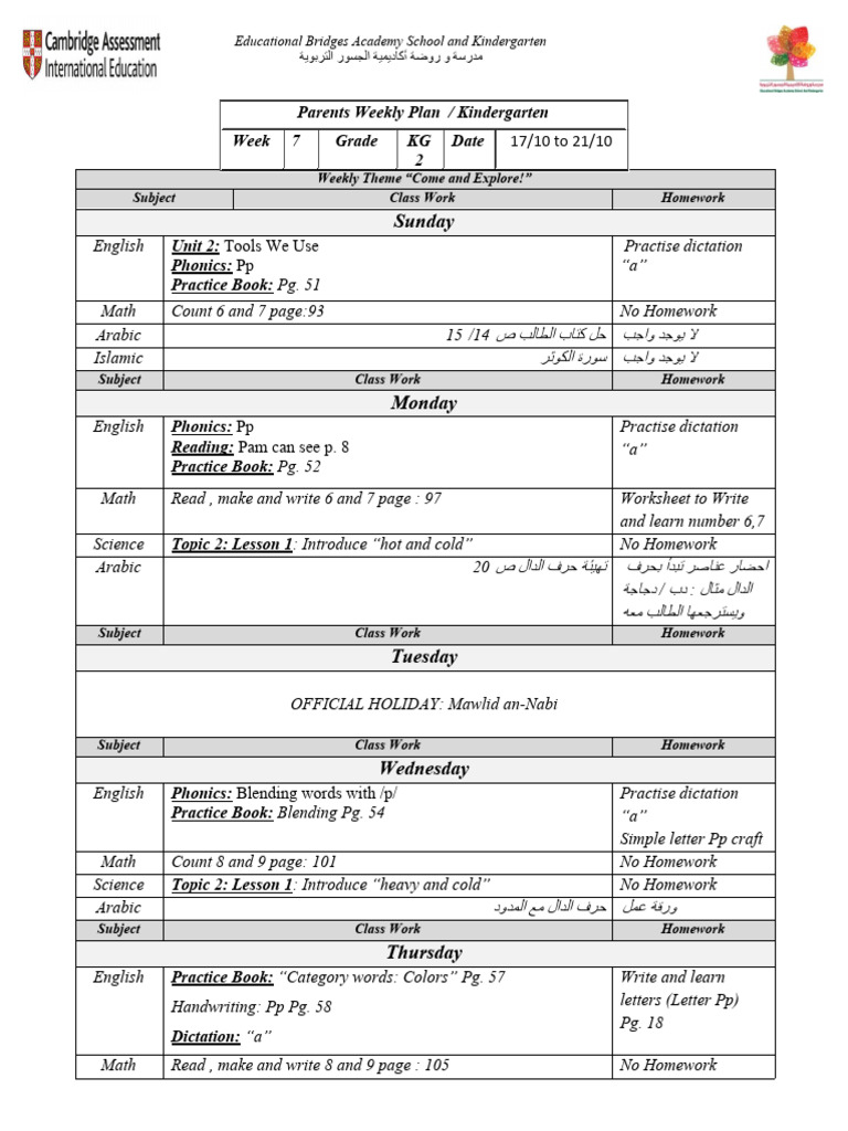 Kg2 Weekly Plan Week 7 | PDF | Phonics | Linguistics