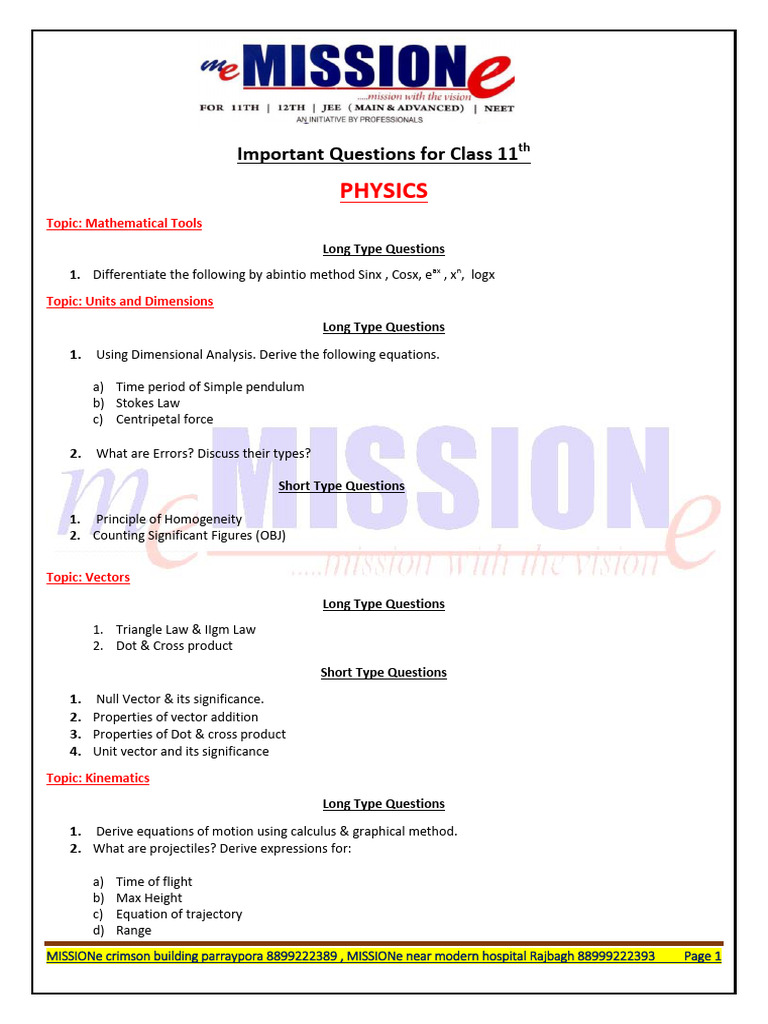 Class 11 Physics & Chemistry Questions | PDF | Force | Newton's Laws Of ...