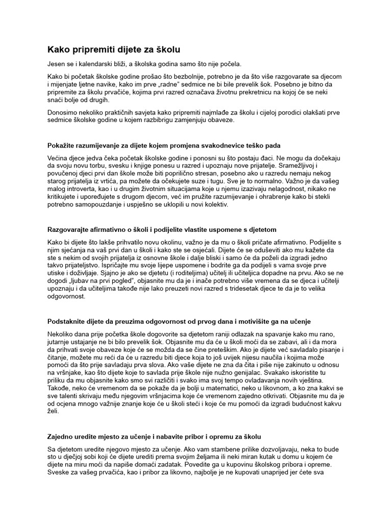 Kako Pripremiti Dijete Za Školu | PDF