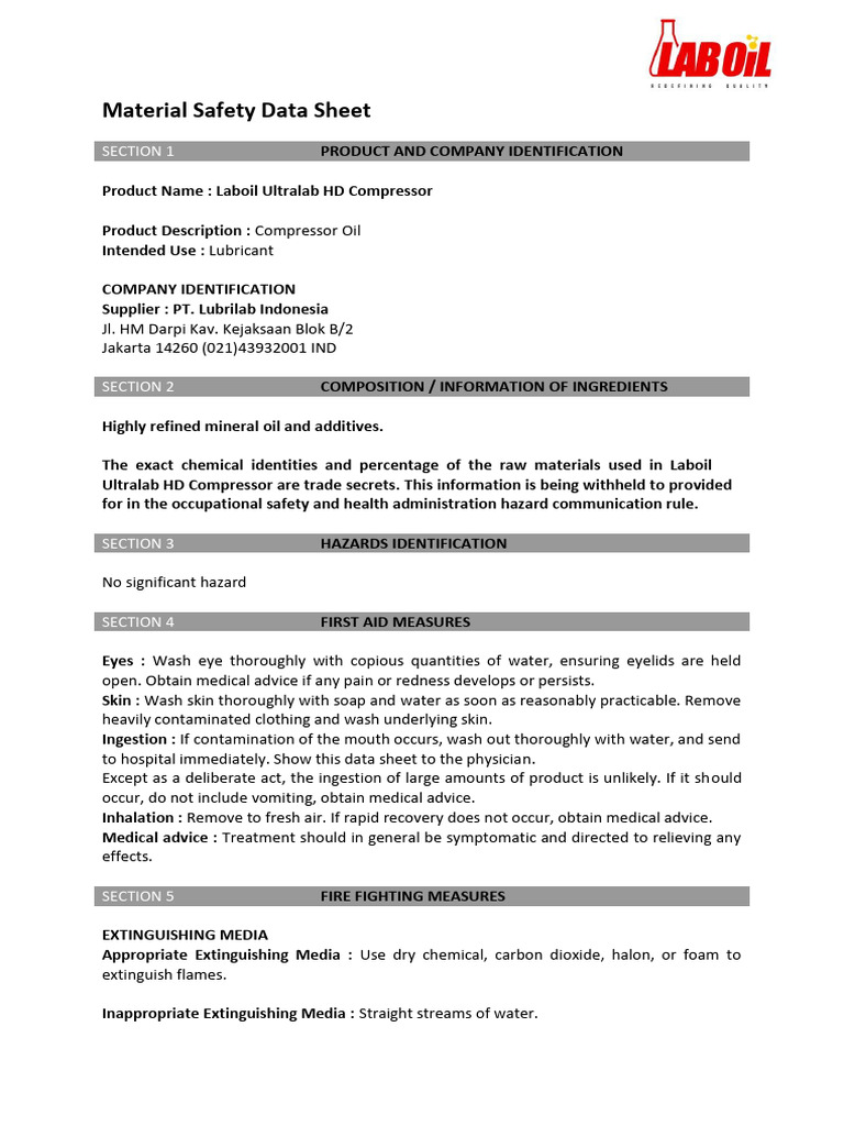 MSDS-LaboiL Ultralab HD Compressor | PDF | Personal Protective Equipment