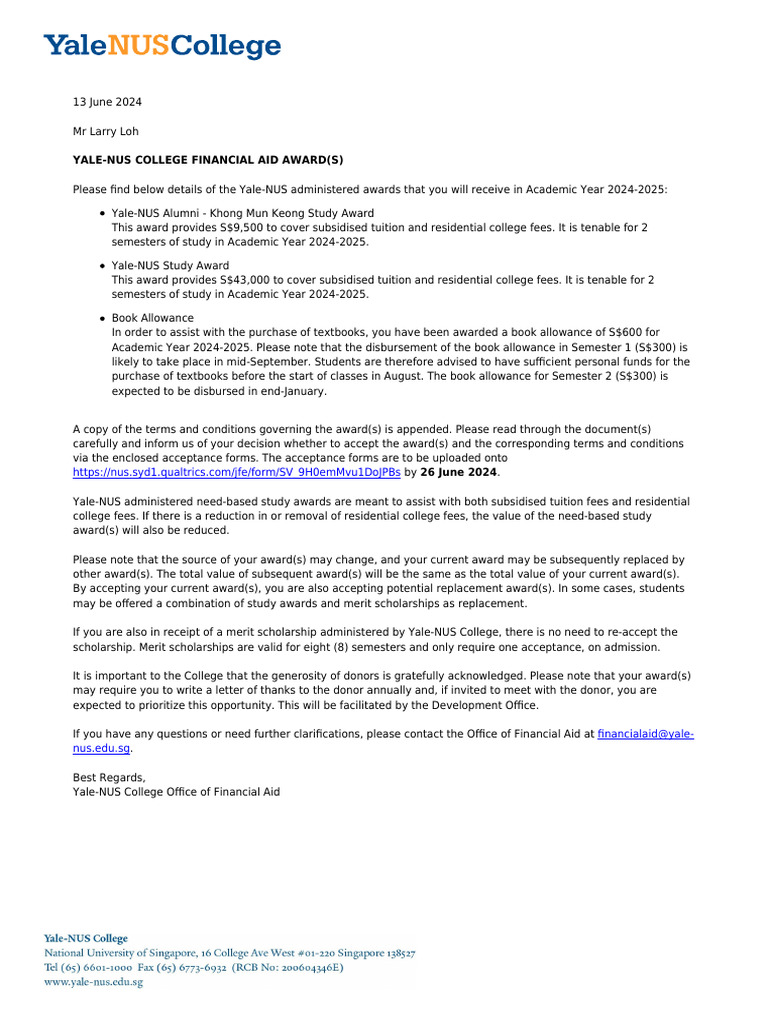 Loh Larry 2024 Yale NUS and Yale NUS (Accepted) | PDF | Student ...