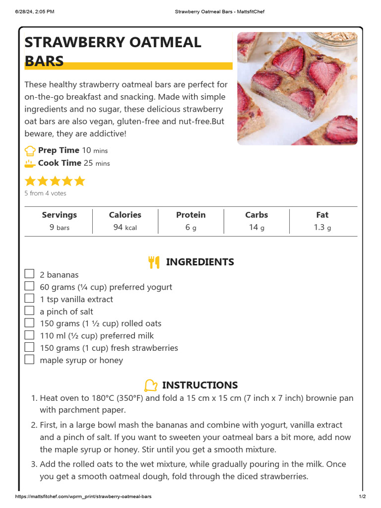 Strawberry Oatmeal Bars - MattsfitChef | PDF | Oatmeal | Milk