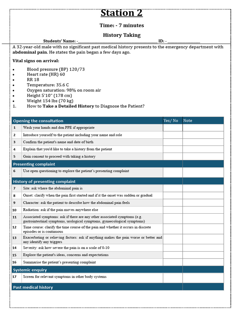 OSCE Checklist Abdominal Pain History Taking | PDF | Pain | Clinical ...