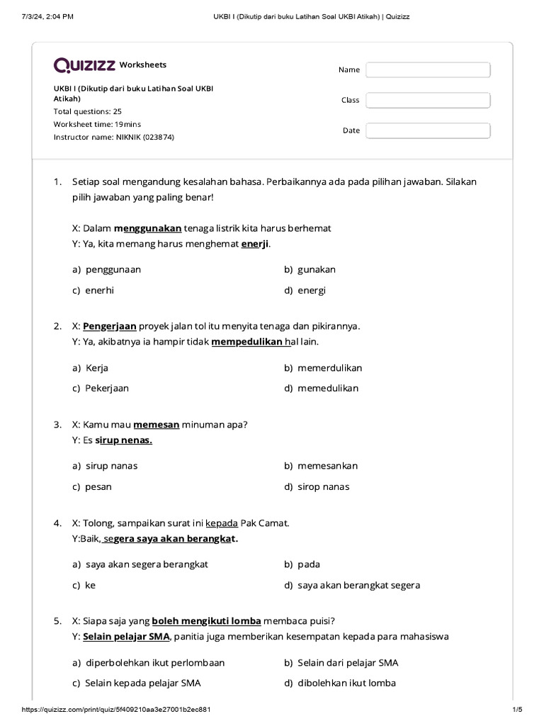 UKBI I (Dikutip Dari Buku Latihan Soal UKBI Atikah) - Quizizz | PDF