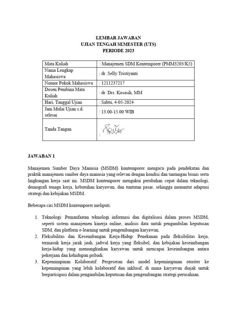 Dr. Selly Tristiyanti - UTS Manajemen SDM Kontemporer | PDF | Karier & Perkembangan