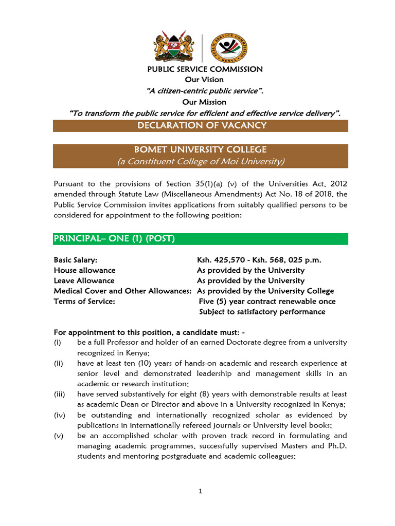 Declared Vacancy Bomet University College | PDF | Governance
