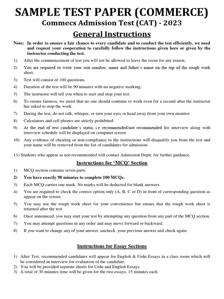 Commecs College Admission Test Sample Paper | PDF | Multiple Choice