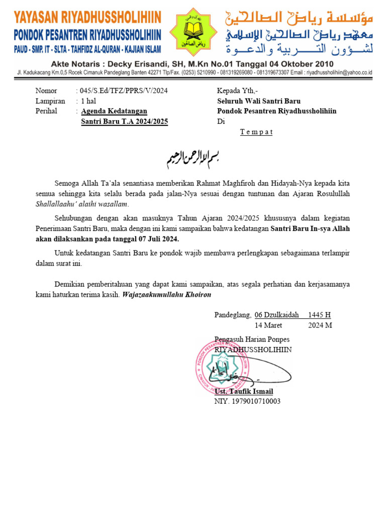 Surat Kedatangan Santri Baru TA 2024-2025 - 240611 - 150725 | PDF