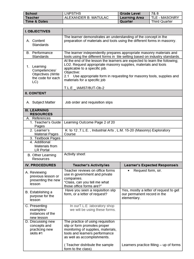 DLL - Lessson 1-LO2-2.1.2 - Job Order and Requisition Slips | PDF ...