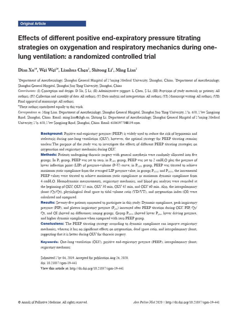 Effects of Different Positive End-Expiratory Pressure Titrating ...