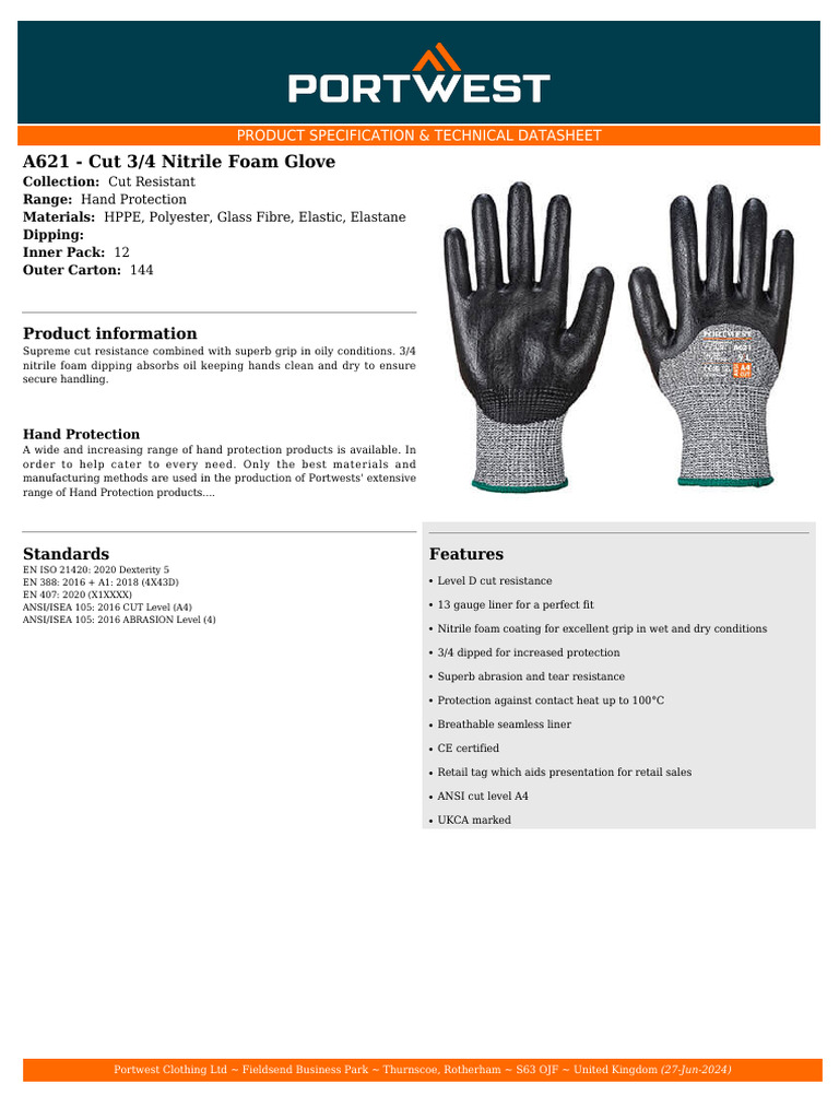 A621 - Cut 3/4 Nitrile Foam Glove: Product Specification & Technical ...