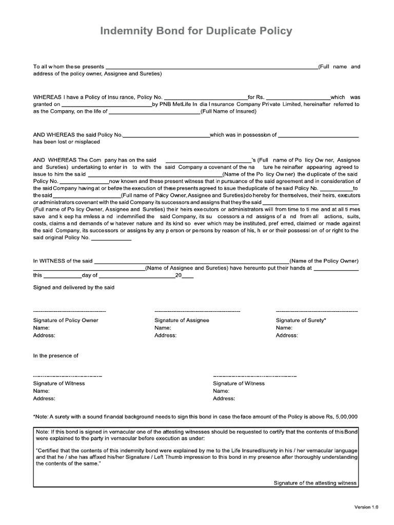 Indemnity Bond For Duplicate Policy Ver 1.0 - tcm47-27716 | PDF