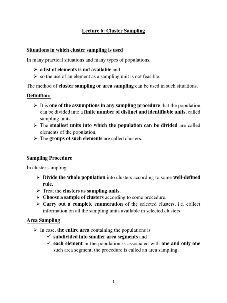 Lecture 6 Cluster Sampling | PDF | Sampling (Statistics) | Estimator Lecture 6 Cluster Sampling | PDF | Sampling (Statistics) | Estimator