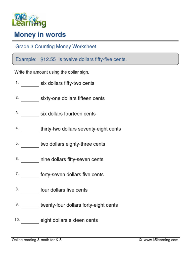 Grade 3 Money Words To Numbers B | PDF