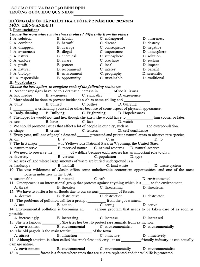 2023 2024 CK2 Đề Cương e 11 QH HS | PDF | Ecology | Tourism