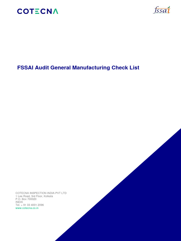 COTECNA - FSSAI Audit - Manufacturing Food Check List 1 | PDF | Hygiene | Laboratories