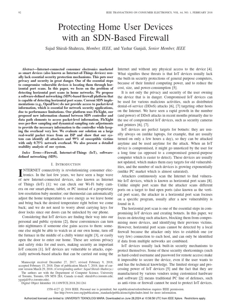 Protecting Home User Devices With An SDN-Based Firewall | PDF | Internet Of Things | Computer ...