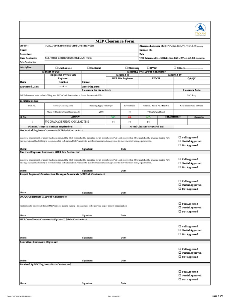 MEP Clearance Form | PDF | Pipe (Fluid Conveyance) | Mechanical Engineering