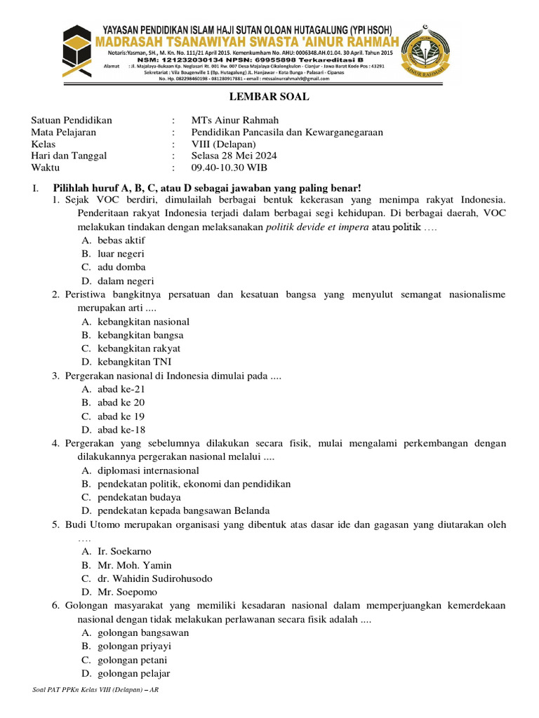 Soal PAT Kelas VIII - PPKN (New) | PDF