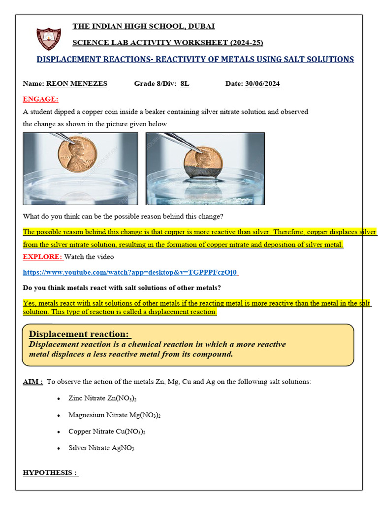 GRADE 8 - Metals EBL - DISPLACEMENT REACTION - F | PDF | Silver | Metals