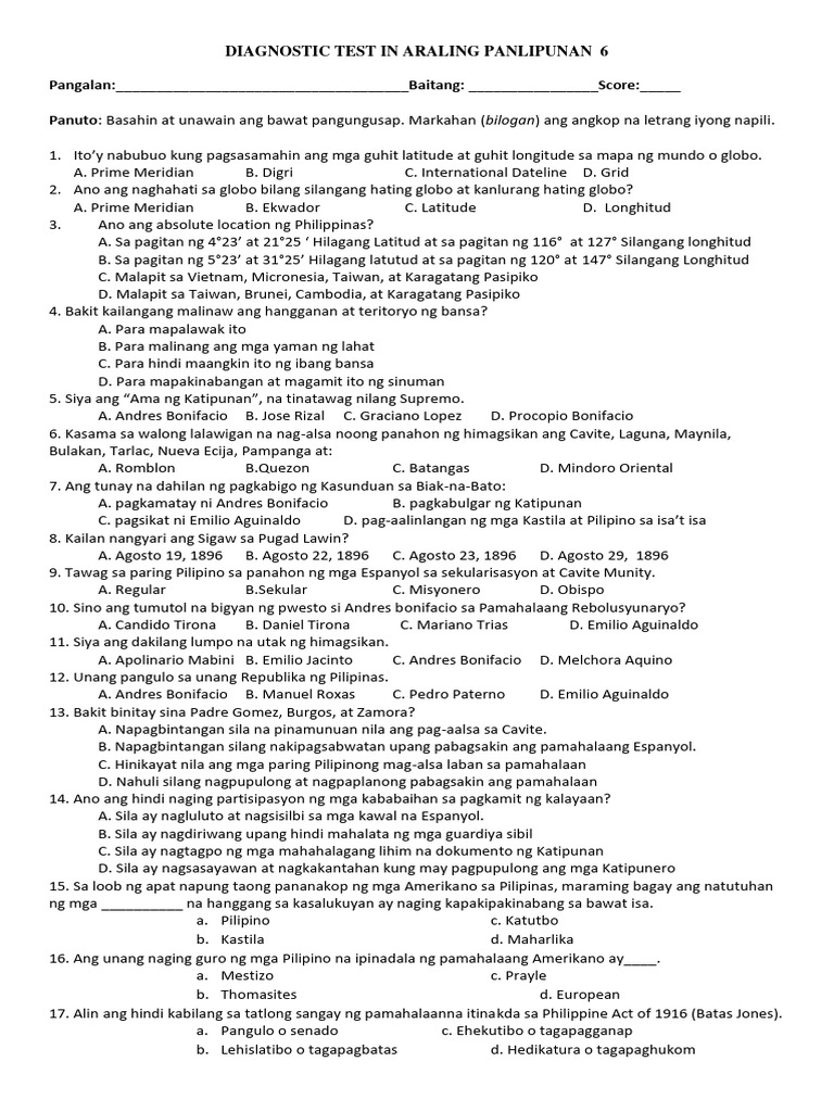 Diagnostic Test In Ap6 With Answer Key Pdf