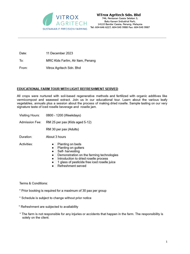 Vitrox Agritech's Farm Tour | PDF | Agriculture | Food Industry