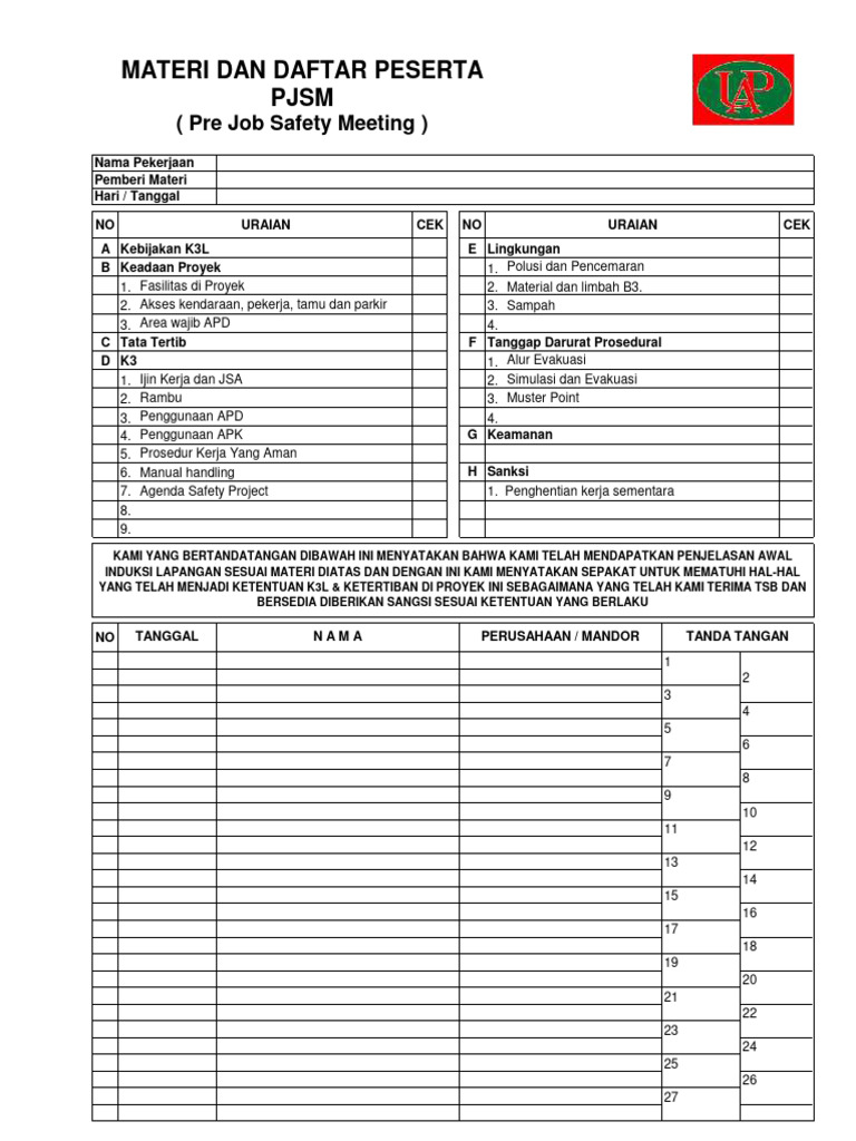 Forms Safety PJSM | PDF