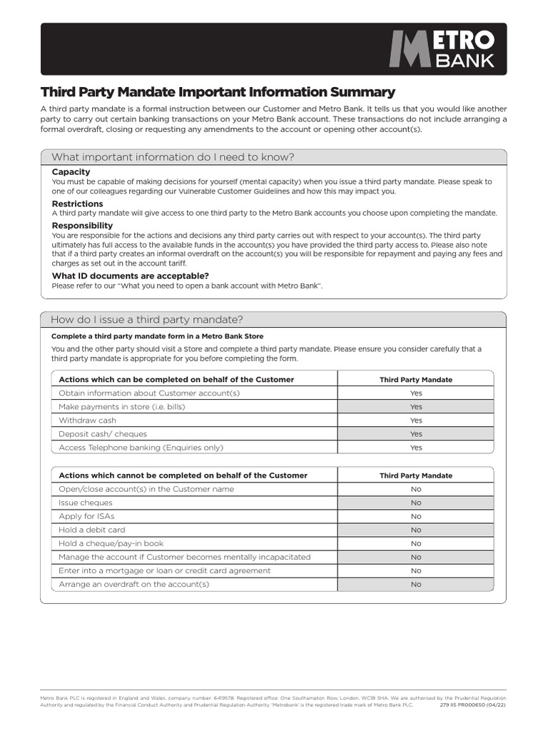 Third Party Mandate Overview for Metro Bank | PDF | Banks | Overdraft