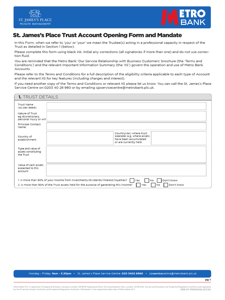 St. James’s Place Trust Account Form | PDF | Identity Document | Cheque