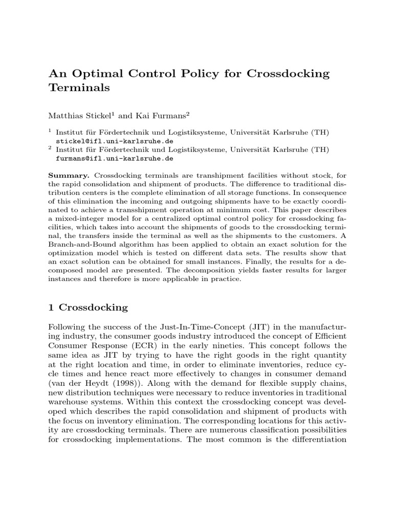 An Optimal Control Policy For Crossdocking Terminals | PDF | Logistics | Supply Chain
