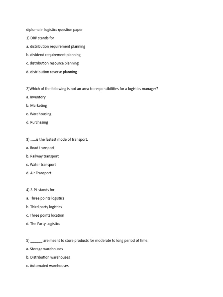 Diploma Question Paper | PDF | Logistics | Warehouse