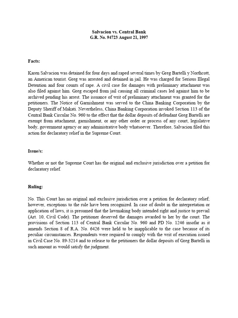 Salvacion vs. Central Bank Case Summary | PDF