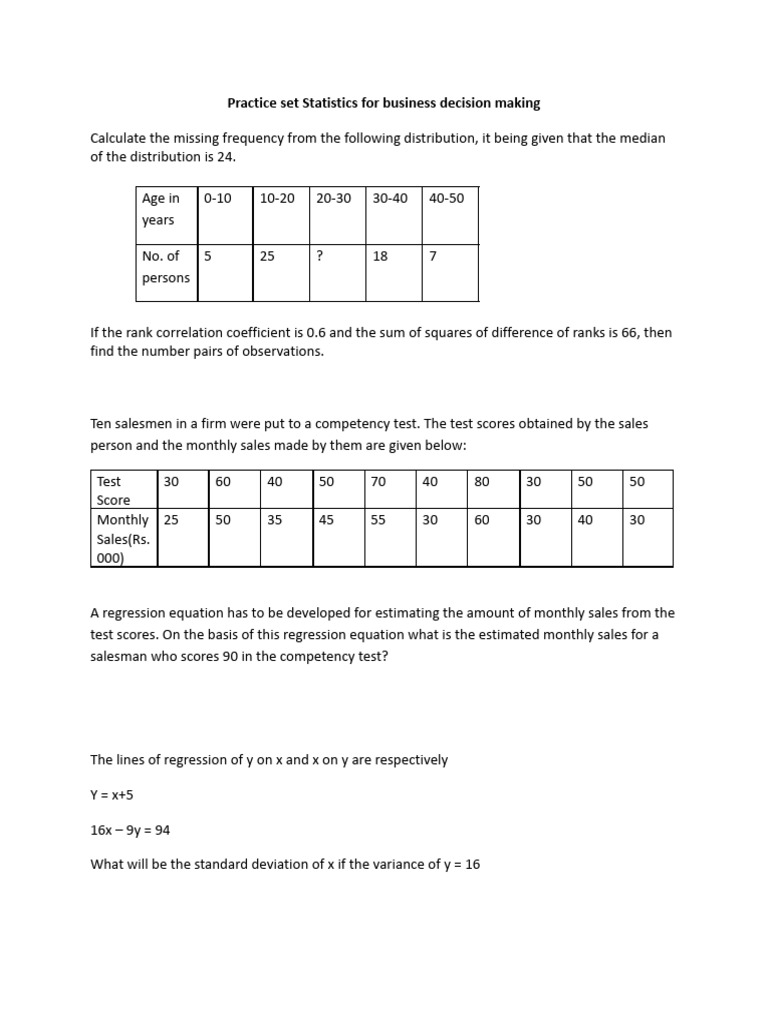 Practice Set Statistics | PDF | Mean | Linear Regression