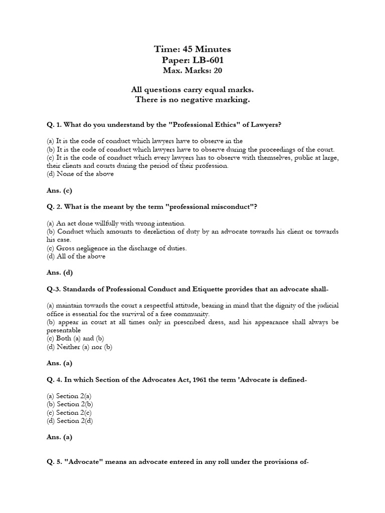 Multiple Choice Questions On Cases of Professional Misconduct | PDF ...