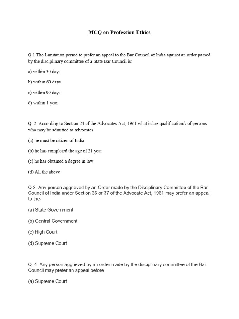 MCQ On Profession Ethics | PDF | Advocate | Public Law