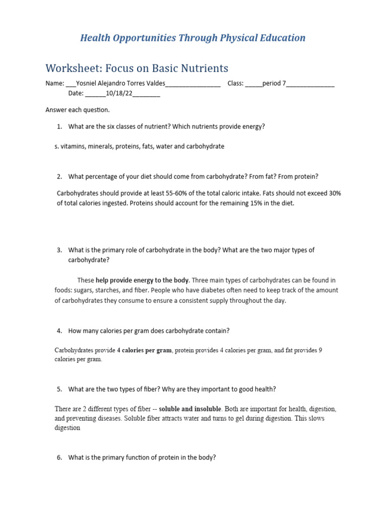 Worksheet Focus On Basic Nutrients | PDF | Food Energy | Fat