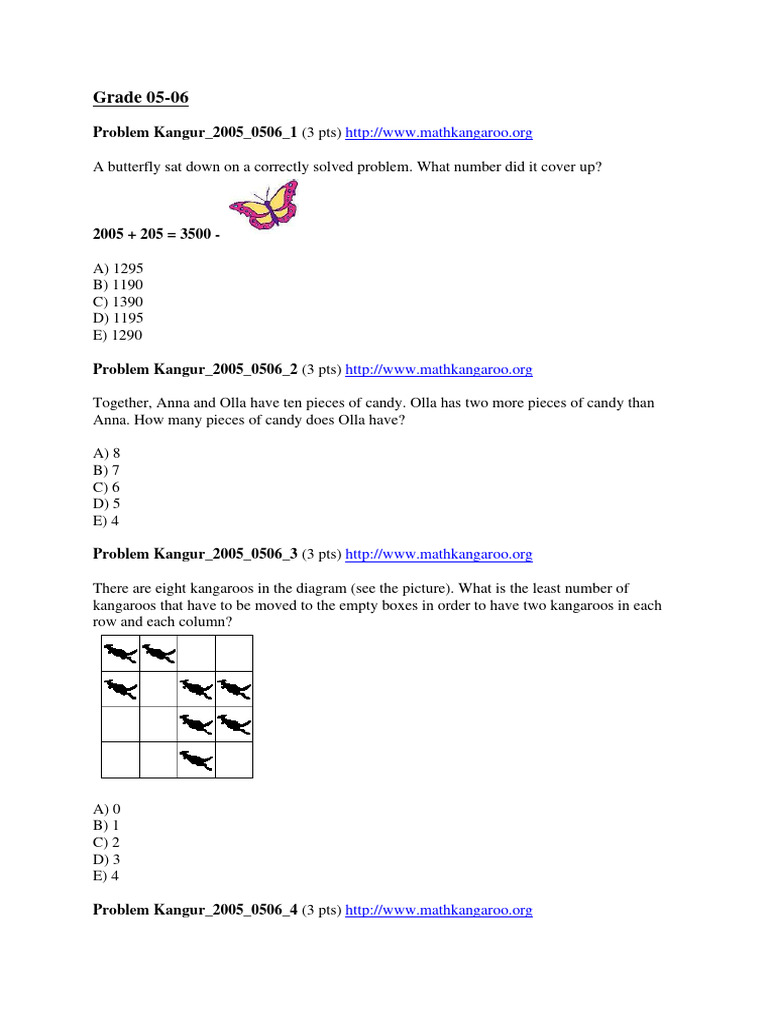 Math Kangaroo Practice Problems Grades 5 6 | PDF | Area | Triangle