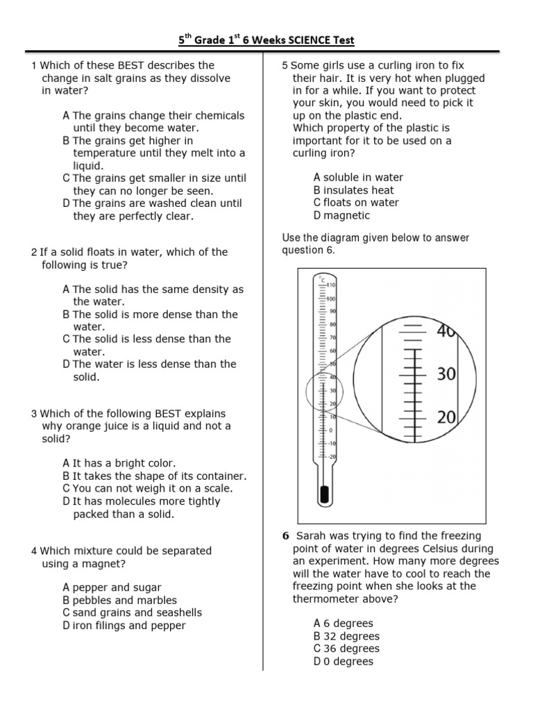 5th Grade 1st 6 Weeks SCIENCE Test | PDF | Water | Solid
