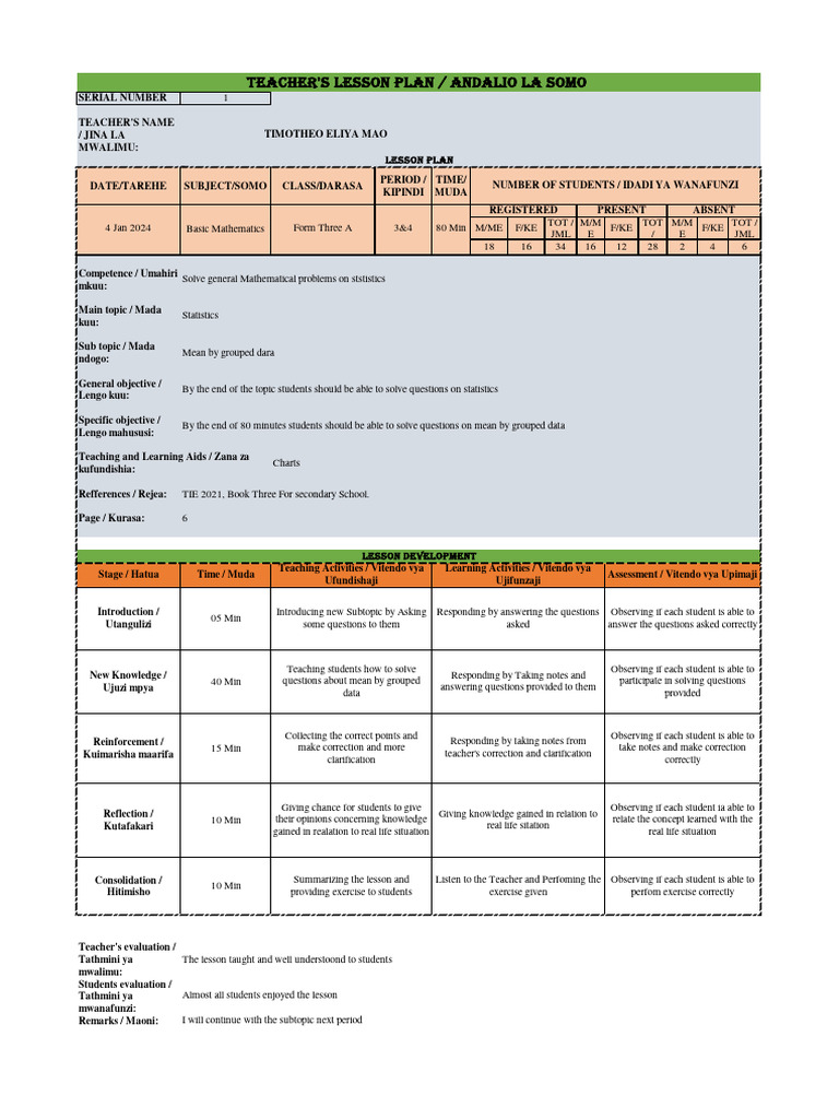 Mfano Wa Lesson Plan Kutoka Kwenye Mfumo | PDF | Procedural Knowledge | Cognitive Science