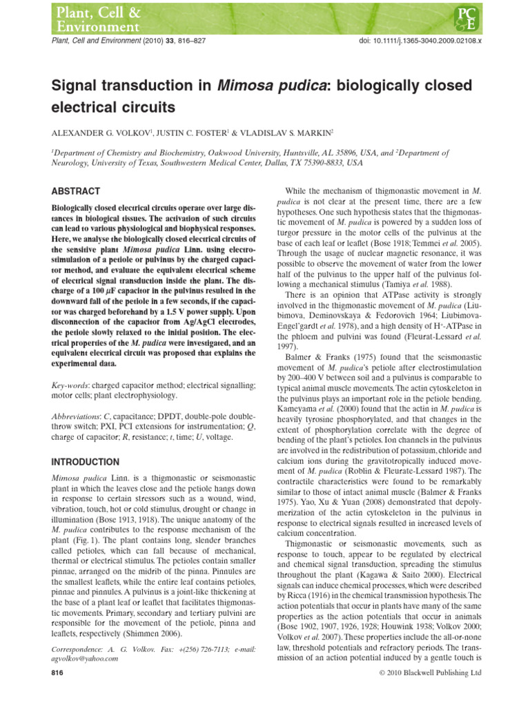 Plant Cell Environment - 2010 - VOLKOV - Signal Transduction in Mimosa ...