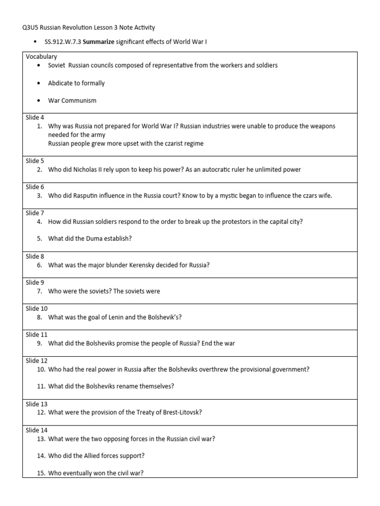 Q3U5 Russian Revolution Lesson 3 Note Activity | PDF | Russian ...