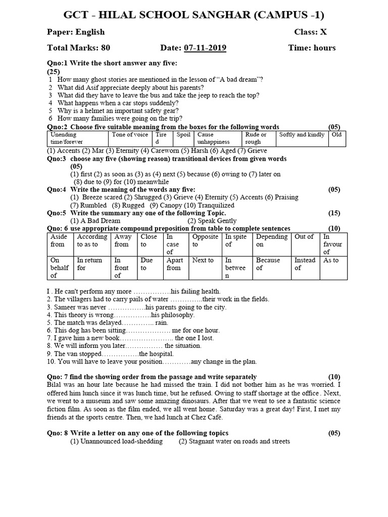 English Class 10th Paper 2024 | PDF