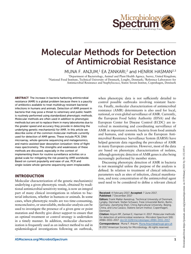Anjum Et Al 2017 Molecular Methods For Detection Of Antimicrobial Resistance Pdf Polymerase