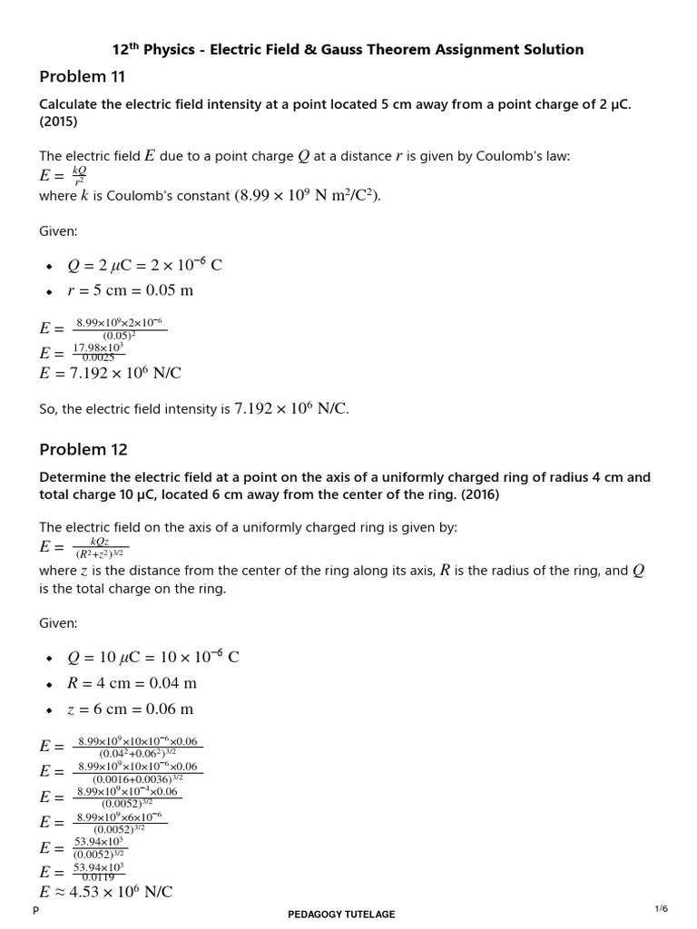 Electric Field & Gauss Theorem Assignment Solution | PDF | Electric Field | Sphere