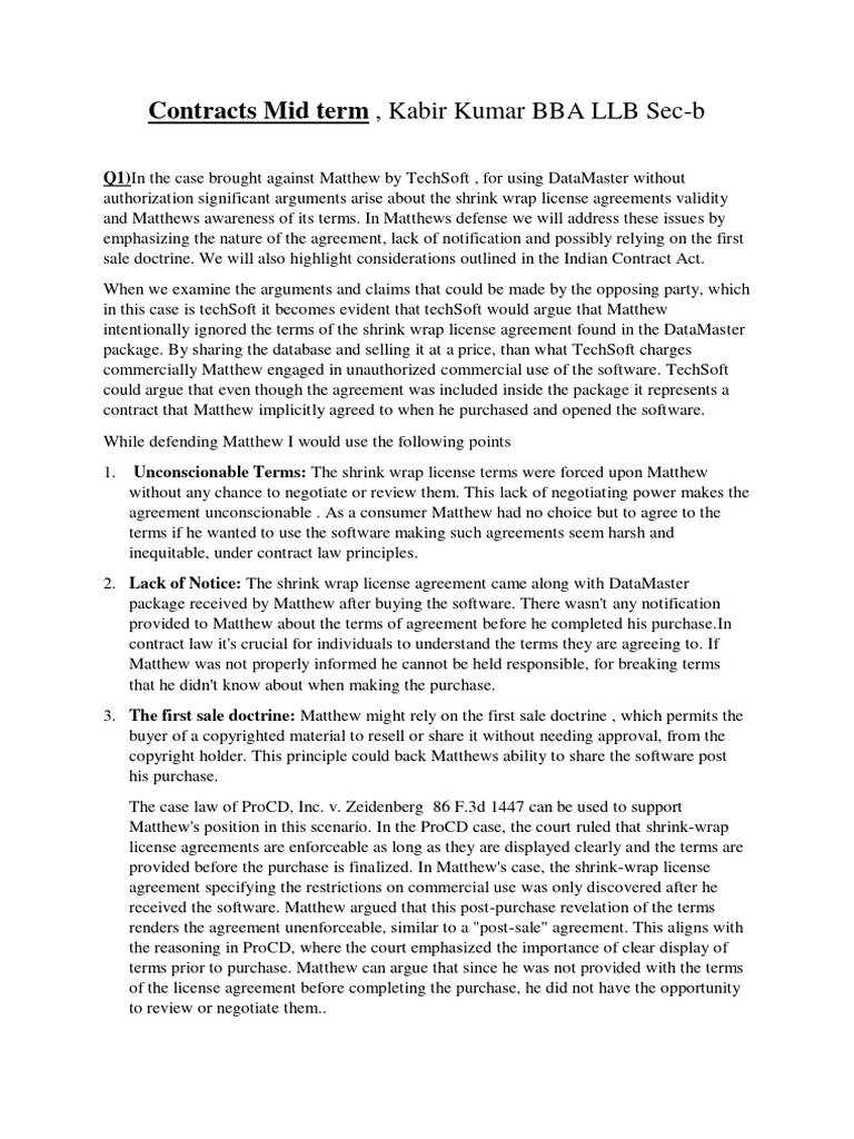 Defending Shrink Wrap License Validity | PDF | Consideration | Justice