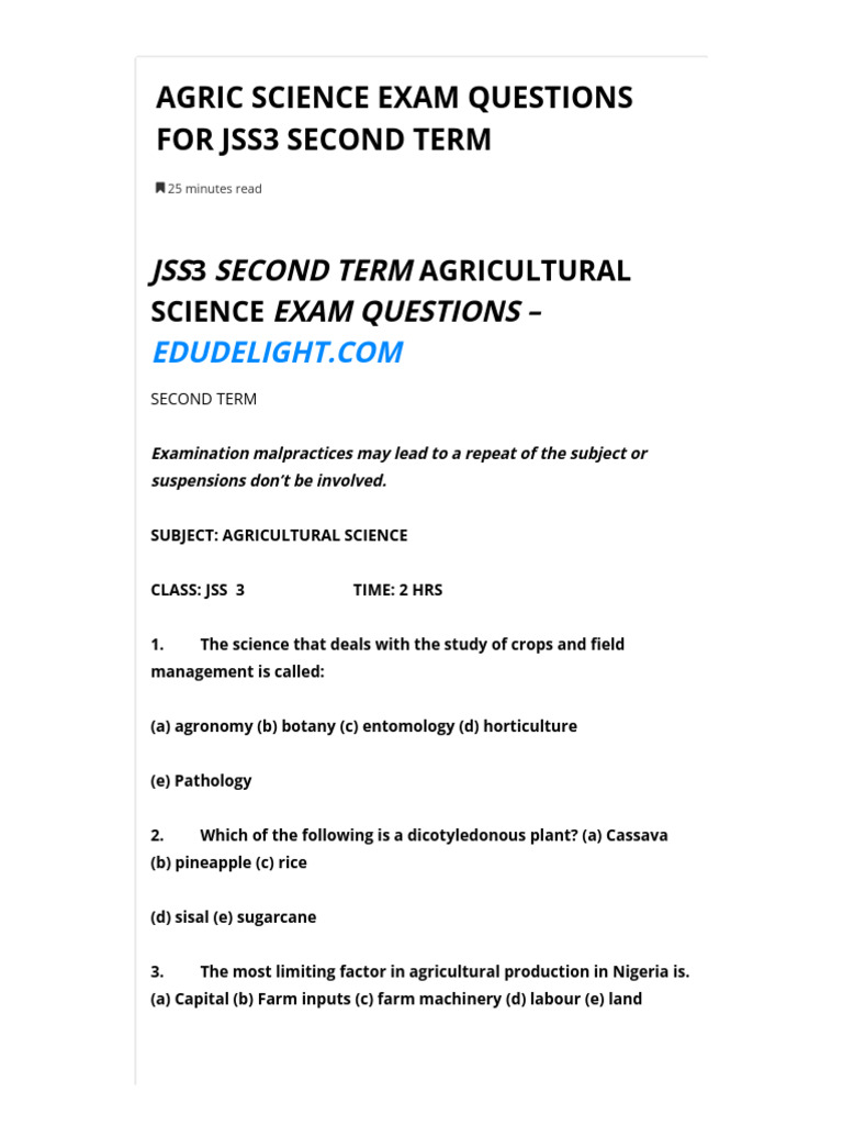 Agric Science Exam Questions For JSS3 Second Term | PDF | Soil | Agriculture